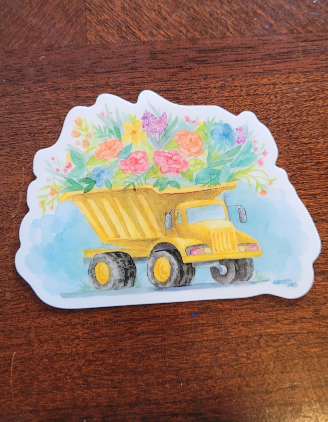 Floral Dump Truck Sticker | Girl Trucks | Yellow Truck With Flowers ...