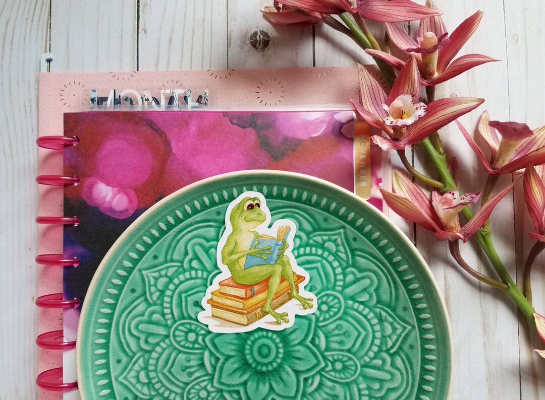 Green Frog Reading Books Sticker | Hand Painted Watercolor Stickers ...