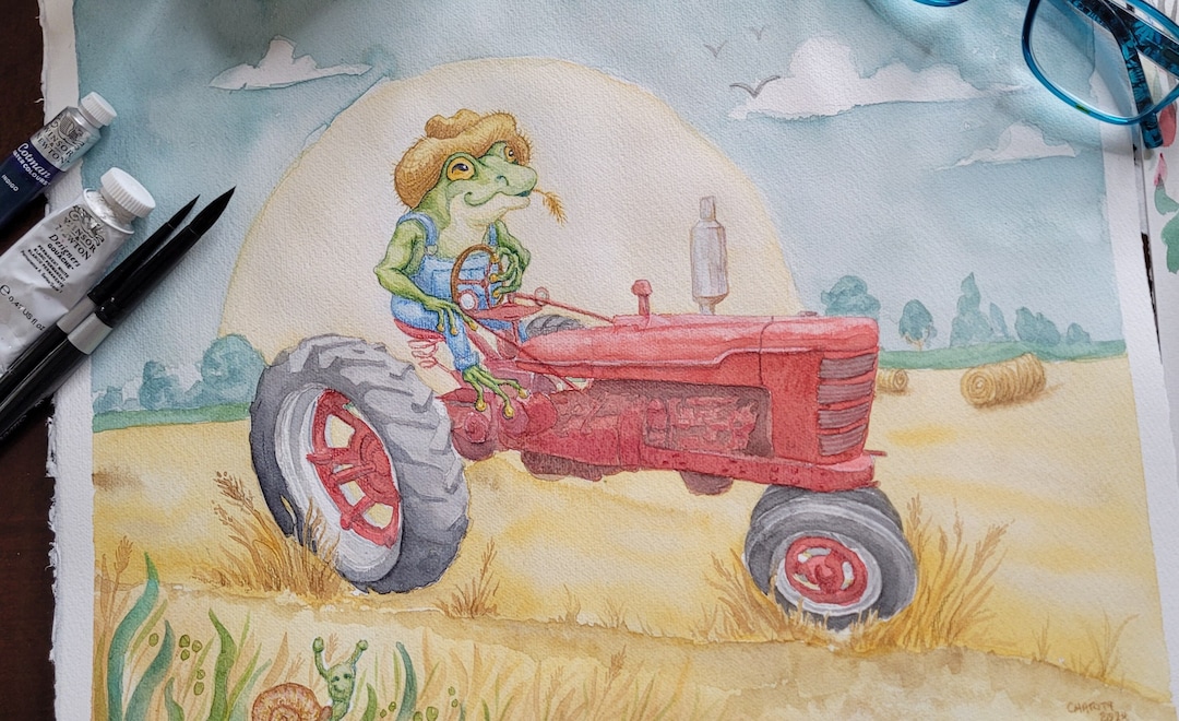 Hayseed Farmer Frog Art Print Green Frog Riding Farmall Tractor Red ...