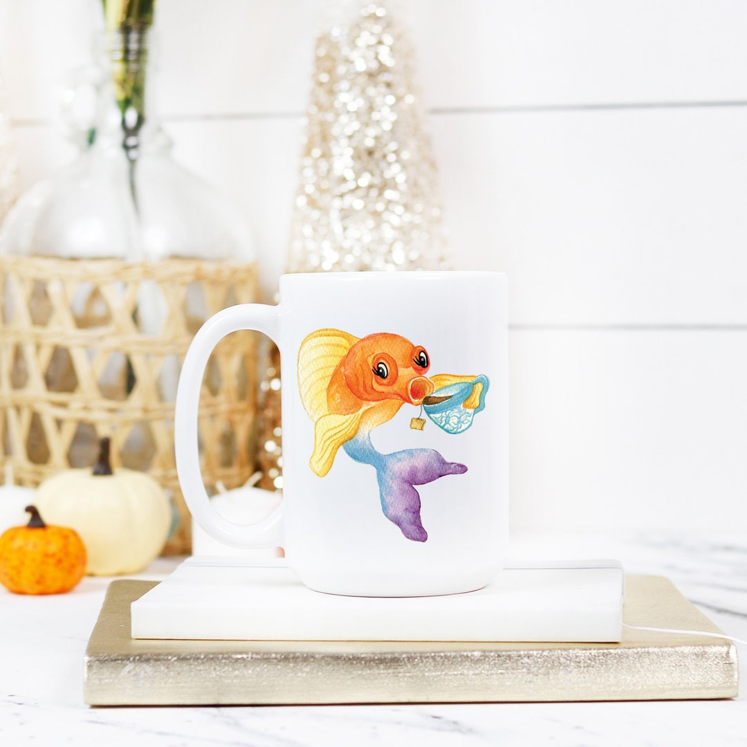 Gold Fish Drinking Tea Coffee Mug Watercolor Painting on a Mug With ...