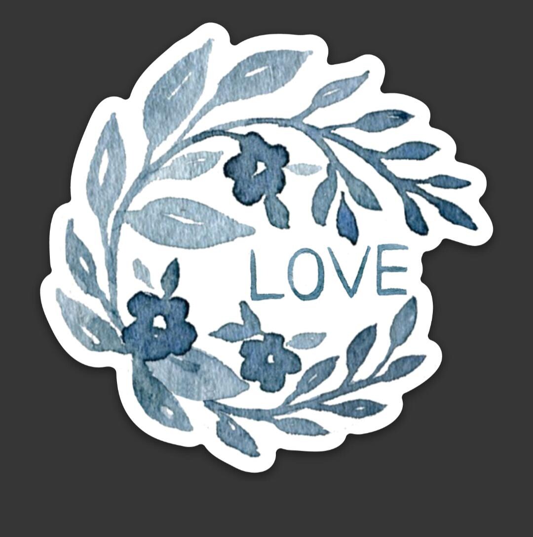 LOVE Indigo Blue Floral Sticker | Hand Painted Watercolor Stickers ...