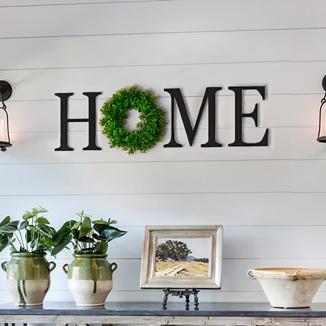 HOME Sign With Wreath - Painted Home Sign for Wall Decor – Wooden ...
