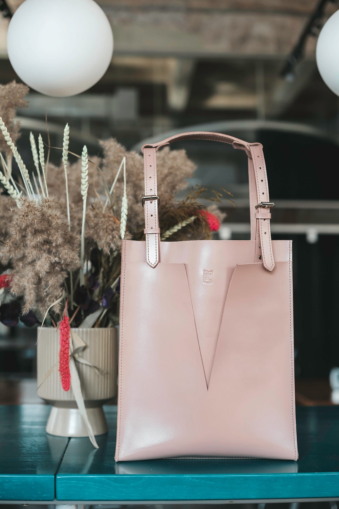 Light Pink Leather Handbag for Women, Purple Handmade Shopper, Soft ...