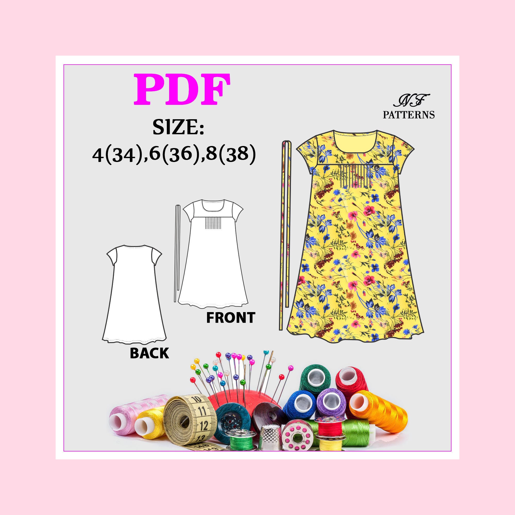 Pintuck dress sewing pattern pdf size 434 636 838 | Etsy