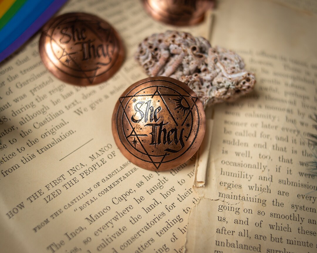 She/they Copper Shield Pronoun Pin, Made to Order - LGBTQIA+ - Gender ...