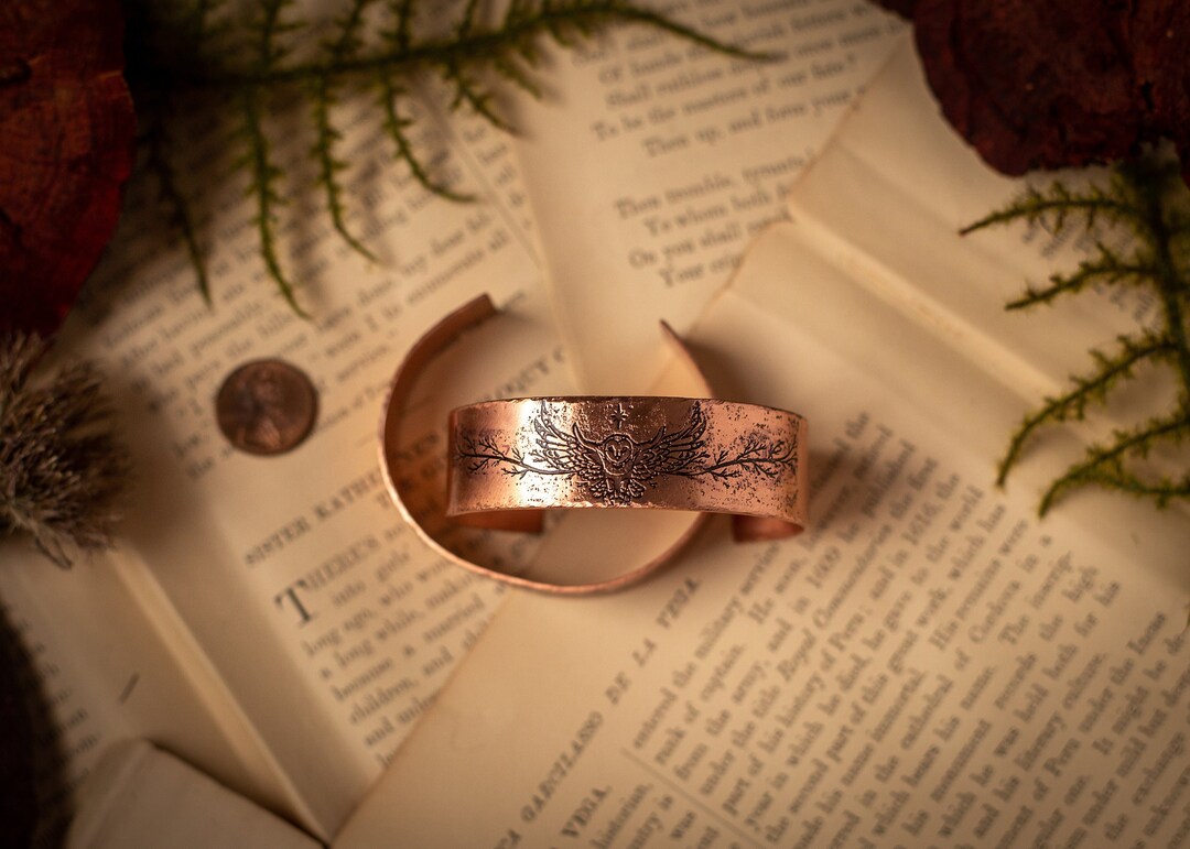 Flying Owl Cuff Bracelet, Etched Copper - Barn Owl - Labyrinth - Goblin ...