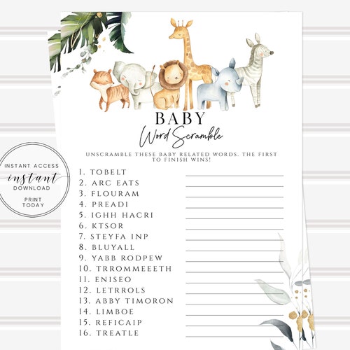 Baby Word Scramble Game Safari Baby Shower Scrumble Game - Etsy