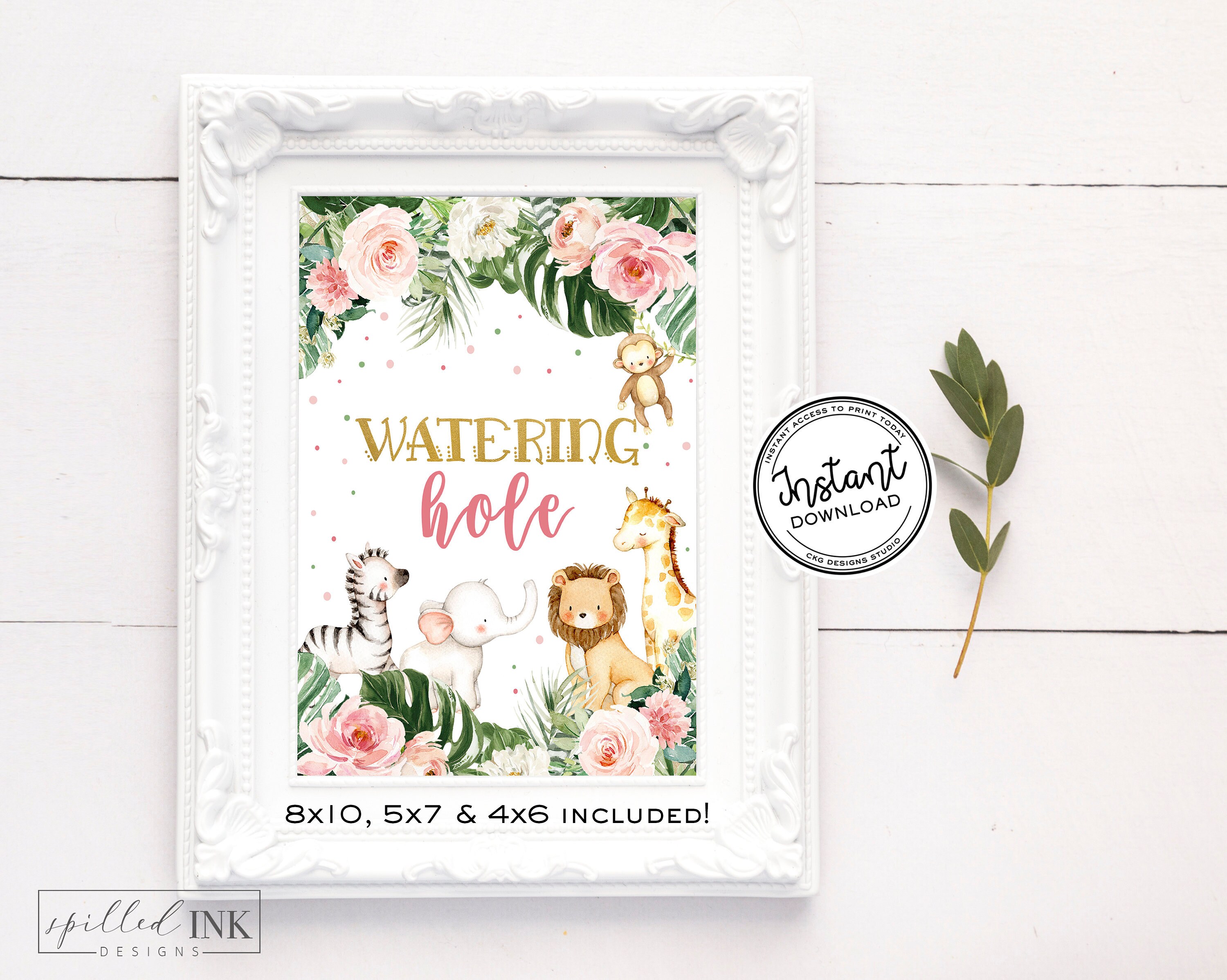 Watering Hole Sign With Jungle Animals Greenery and Flowers - Etsy