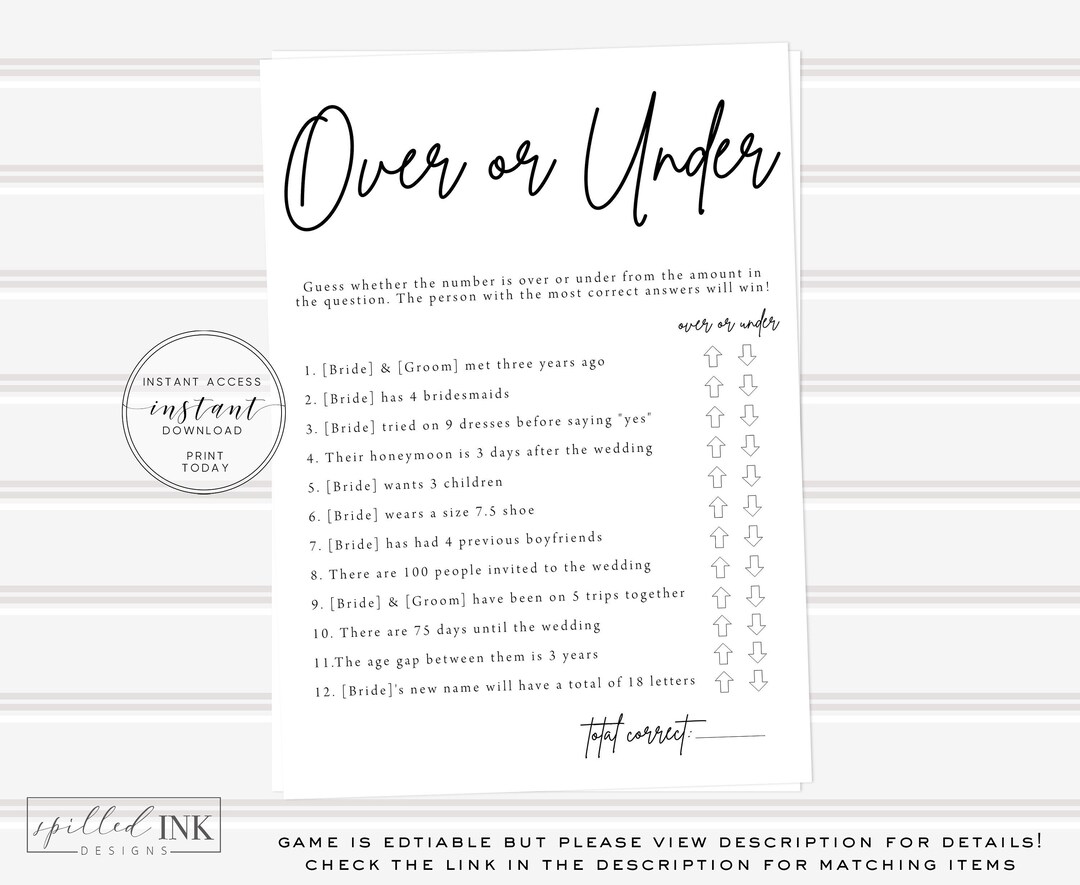 Editable Over or Under Game Minimalist Bridal Shower Game - Etsy