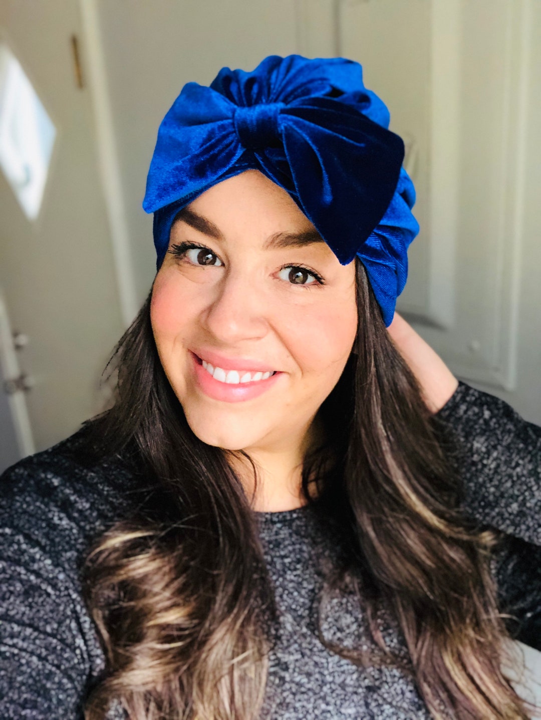 Velvet Top Knot or Bow Baby Turban Hat (blue), Head Wrap, Velour Turban ...