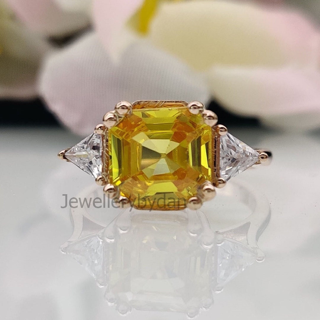 Three Stone Octagon Cut Yellow Simulated Diamond With Side Trillion ...