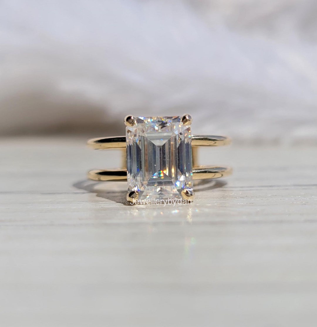 Double Band Wedding Ring, Emerald Cut Moissanite Engagement Ring, 14k ...