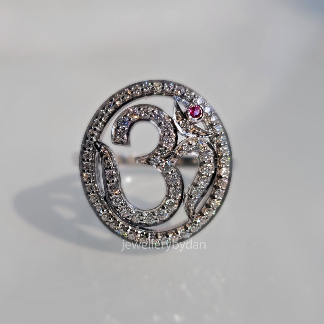 OM Diamond Ring, Round Cut Moissanite Halo Ring, 14K White Gold ...