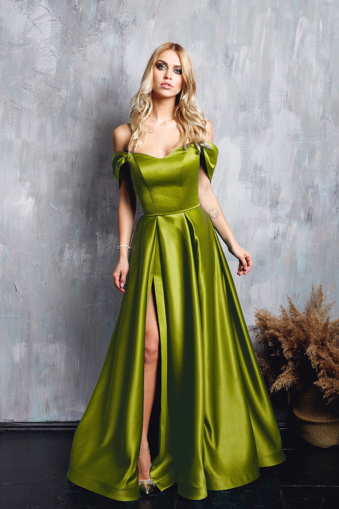 Olive Formal Dress queen of the Party. Green Satin off Shoulder Lace up ...