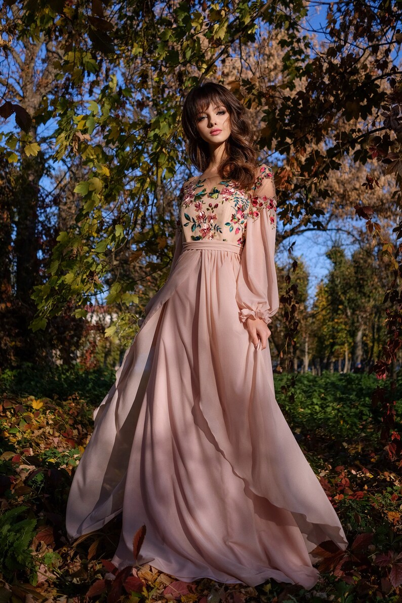 Floral Chiffon Long Sleeves Prom Dress. Custom Blush Elven - Etsy
