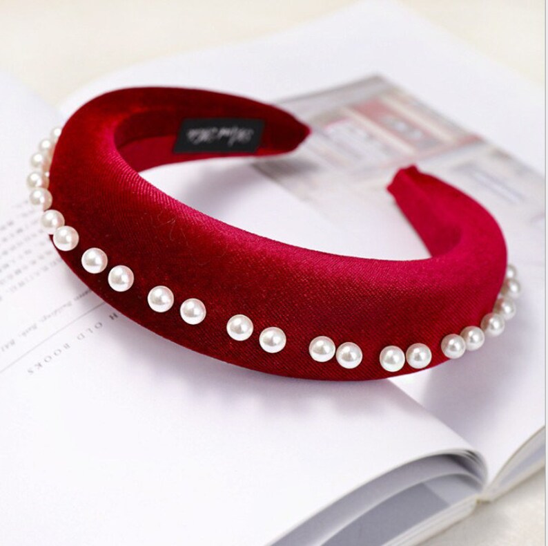 Red Pearl Velvet Headband Wide Headband Thick Headband Etsy