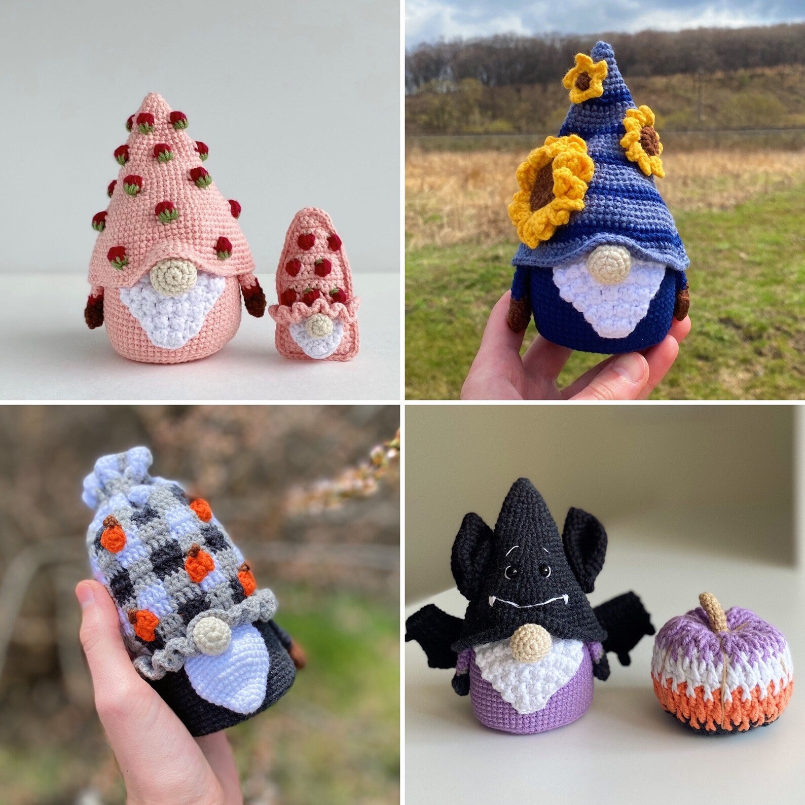 SET of 6 Crochet Gnomes PATTERN, Halloween Amigurumi Bat Gnome, Crochet ...