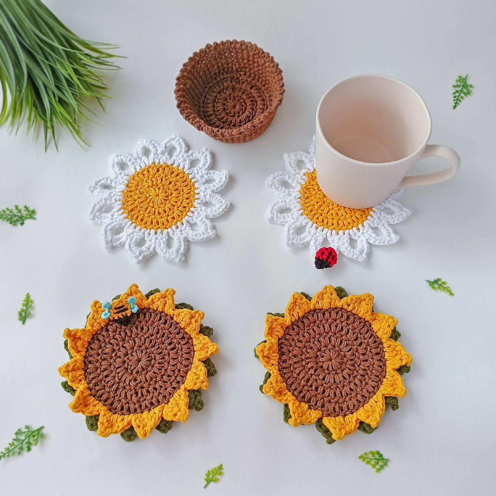 Sunflower Stands Crochet Pattern, Crochet Coasters in Pot, Daisy Stands ...