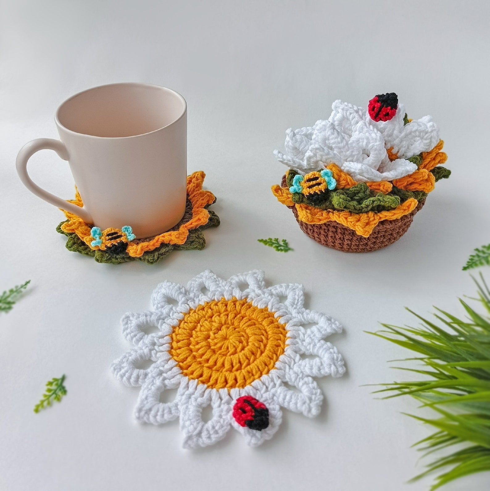 Sunflower Stands Crochet Pattern, Crochet Coasters in Pot, Daisy Stands ...