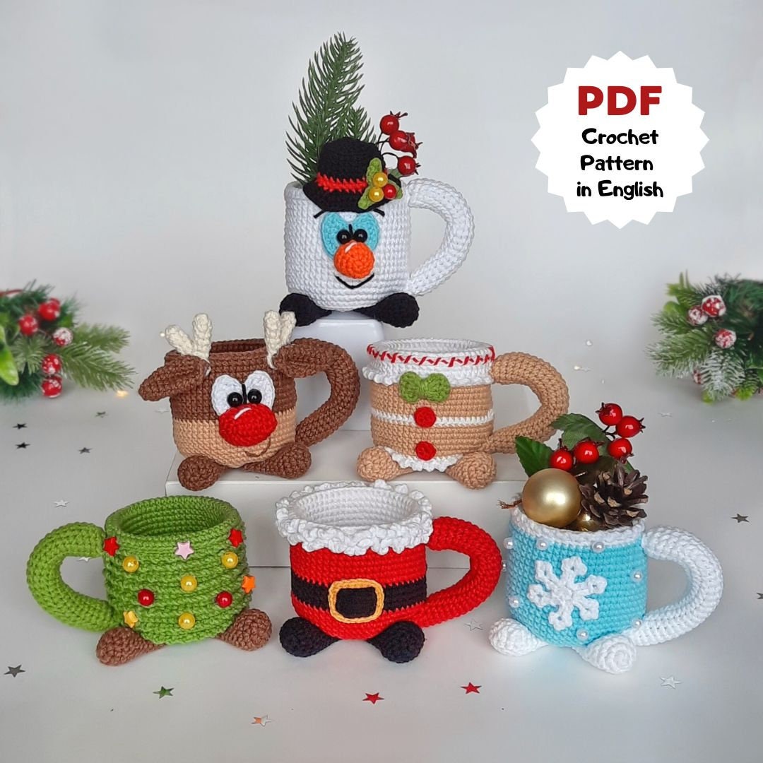 Crochet Pattern Set of Christmas Mugs, Set of 6 Crochet Patterns, Cute ...