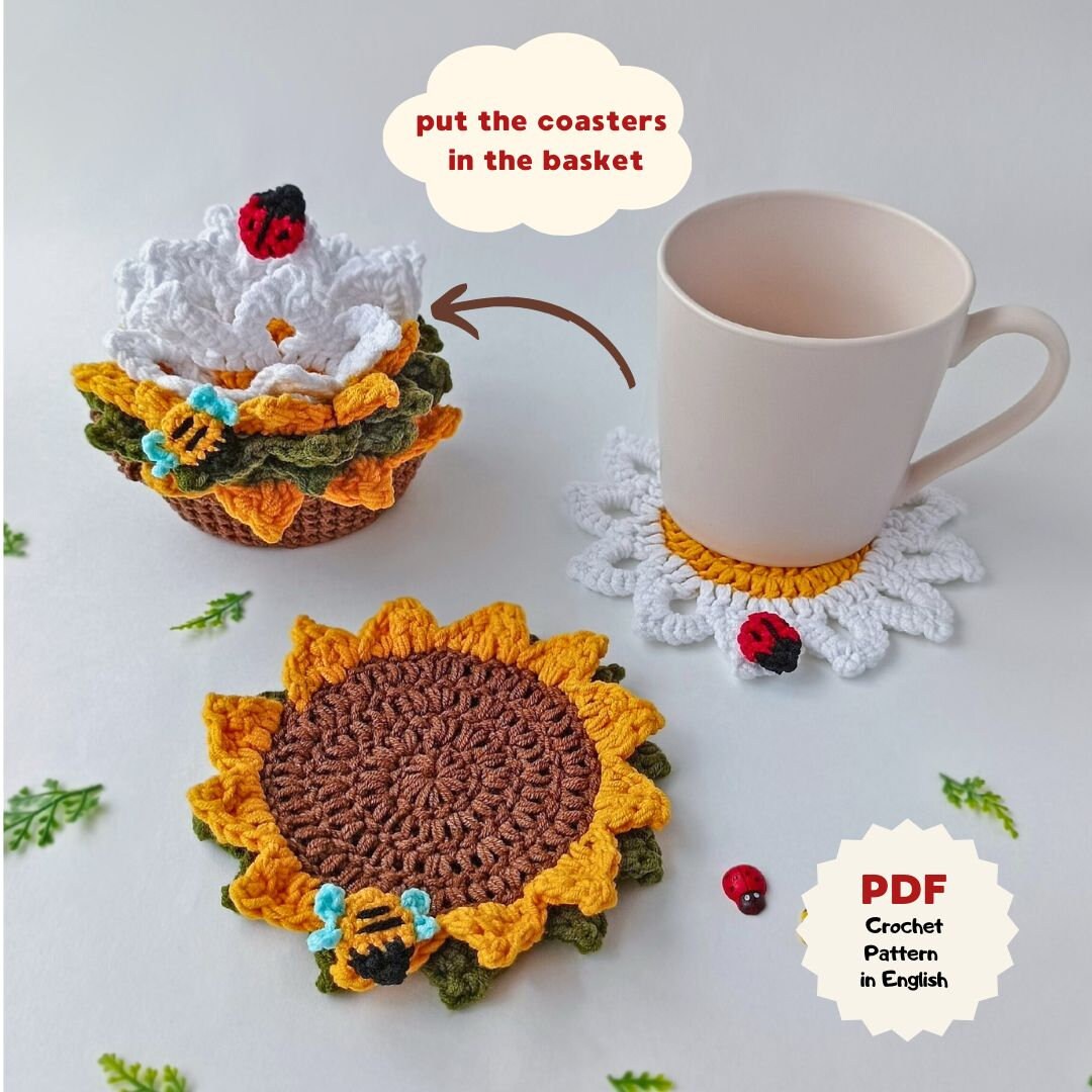Sunflower Stands Crochet Pattern, Crochet Coasters in Pot, Daisy Stands ...