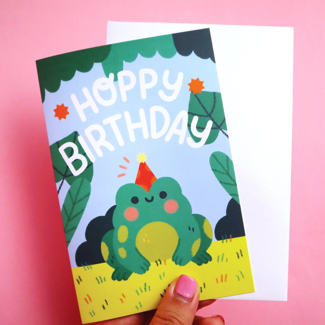 Hoppy Birthday Frog Greeting Card - Cute Greeting Card - Kawaii Art ...