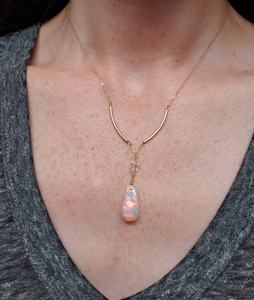 Ethiopian Fire Opal & Herkimer Diamond Necklace, Dragon Scale Opal ...