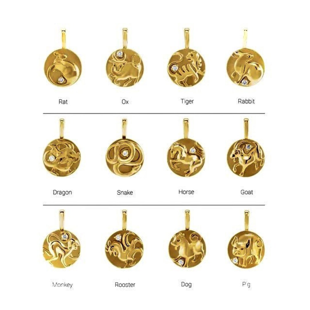 14K Yellow Natural Diamond Chinese Zodiac Pendant Charms - Etsy