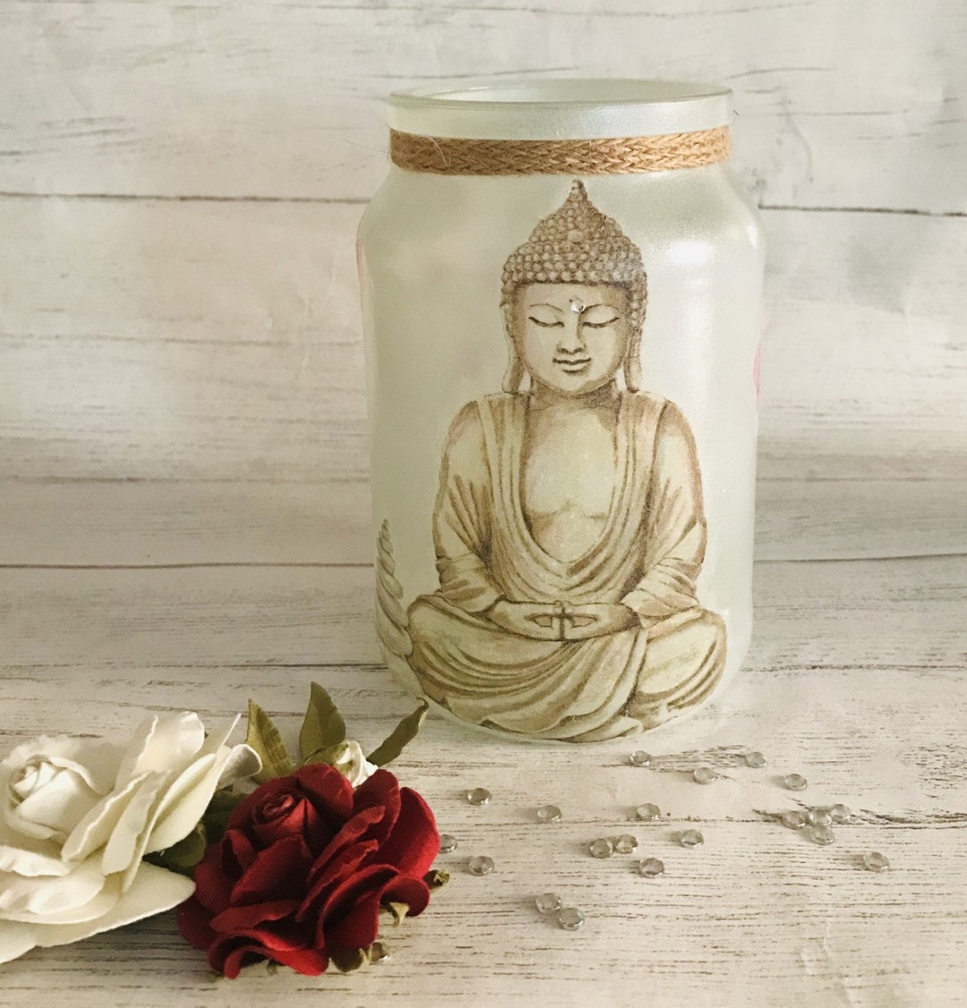 Spiritual Buddha, Decorated Frosted Storage Jar, Napkin Decoupage, Gift ...