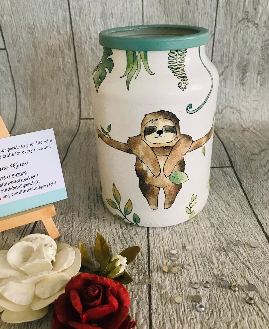 Cute Sleeping Sloth, decorated storage jar, napkin decoupage, Sloth ...