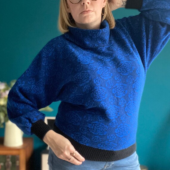 1980's Electric Blue Roll Neck Bat Wing Jumper With Black - Etsy UK