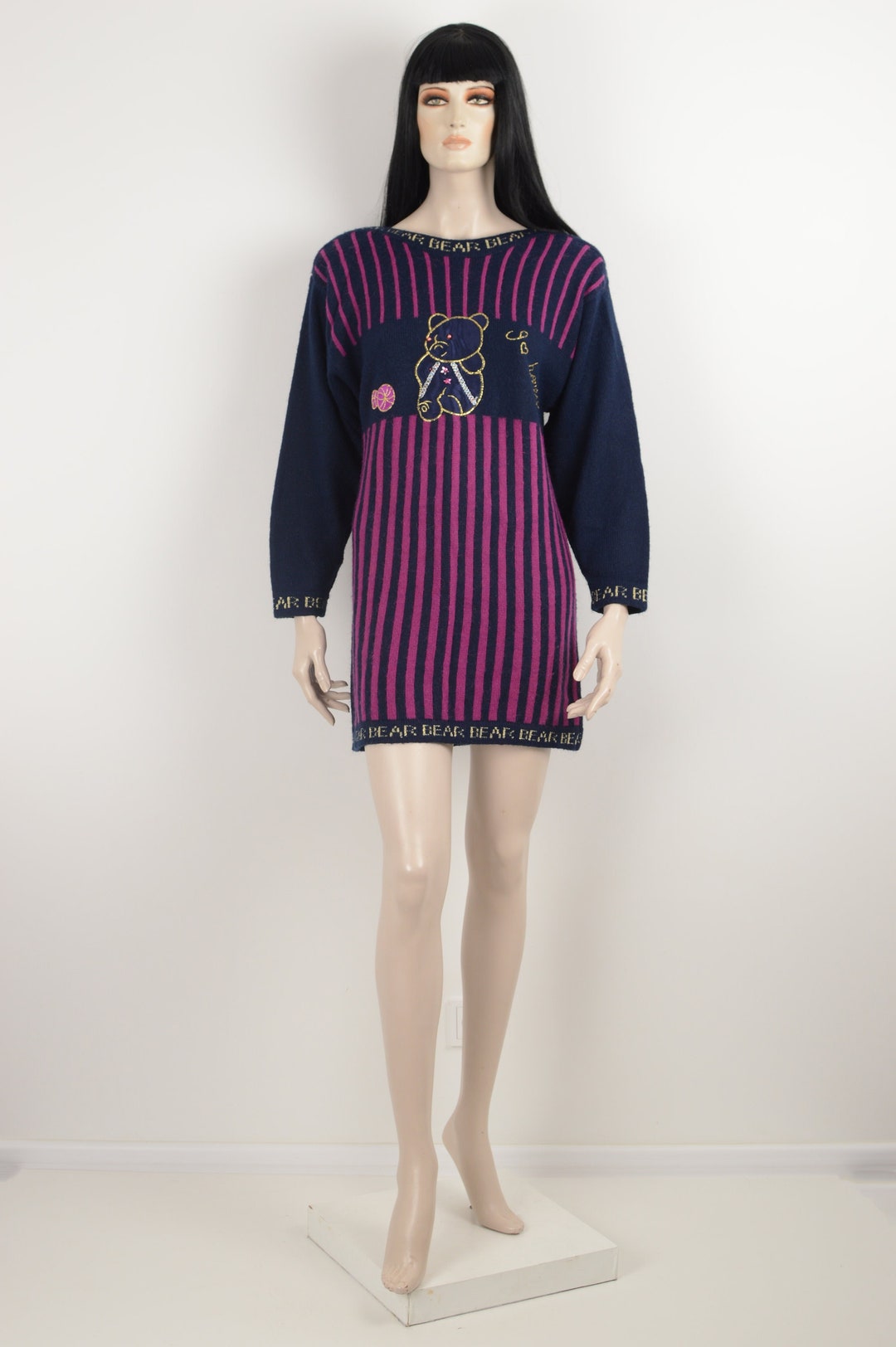 Vintage 80s NEW FAST C&A Long Navy Blue Purple Sweater - Sweater With ...