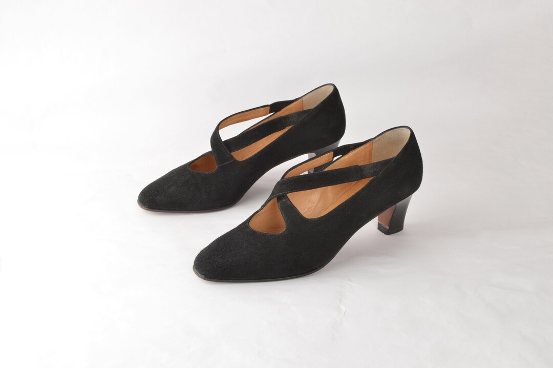 Vintage 90s FIGINI Black Suede Real Leather Shoes Heels - Pumps With ...