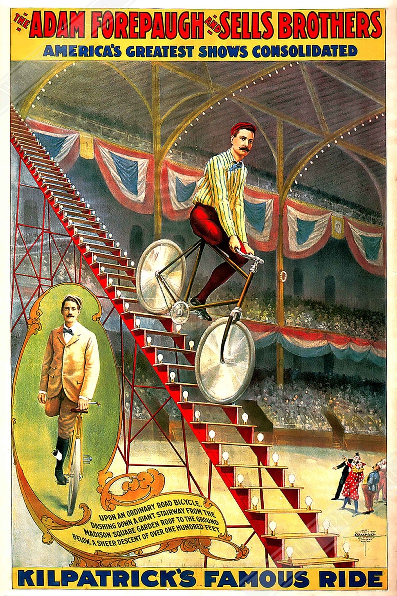 Vintage Circus Poster: Kilpatrick's Cycle Stair Ride, Sells Brothers ...