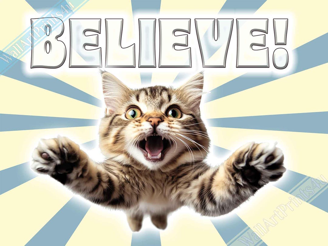 Vintage Believe Kitten Poster - Retro Inspirational Cat Art for Wall ...