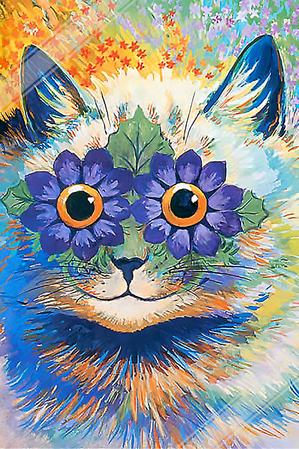 Louis Wain Print Flower Power Cat Louis Wain Cat Poster | Etsy