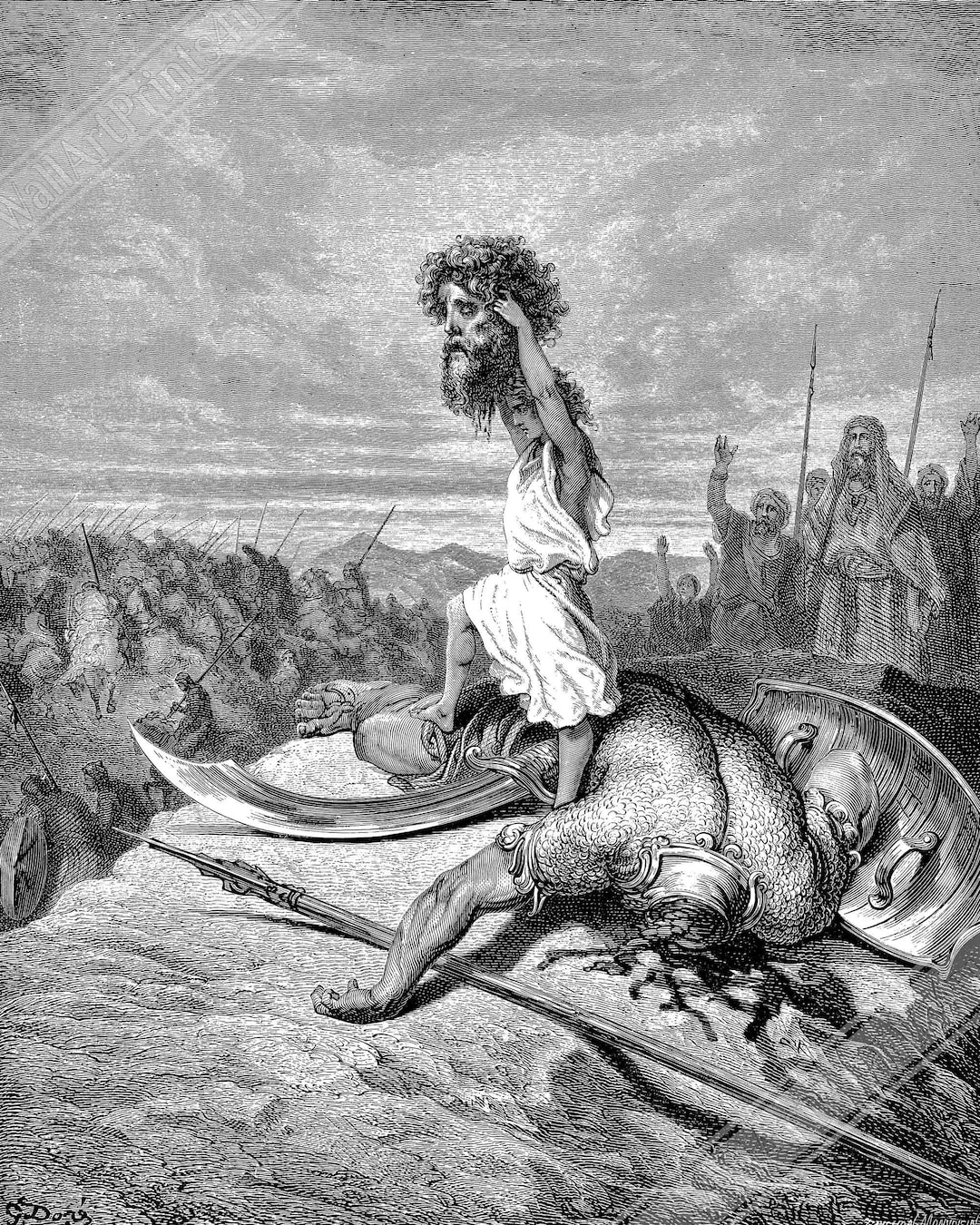 Gustave Dore Poster - David Slays Goliath Print, From La Grand Bible De ...