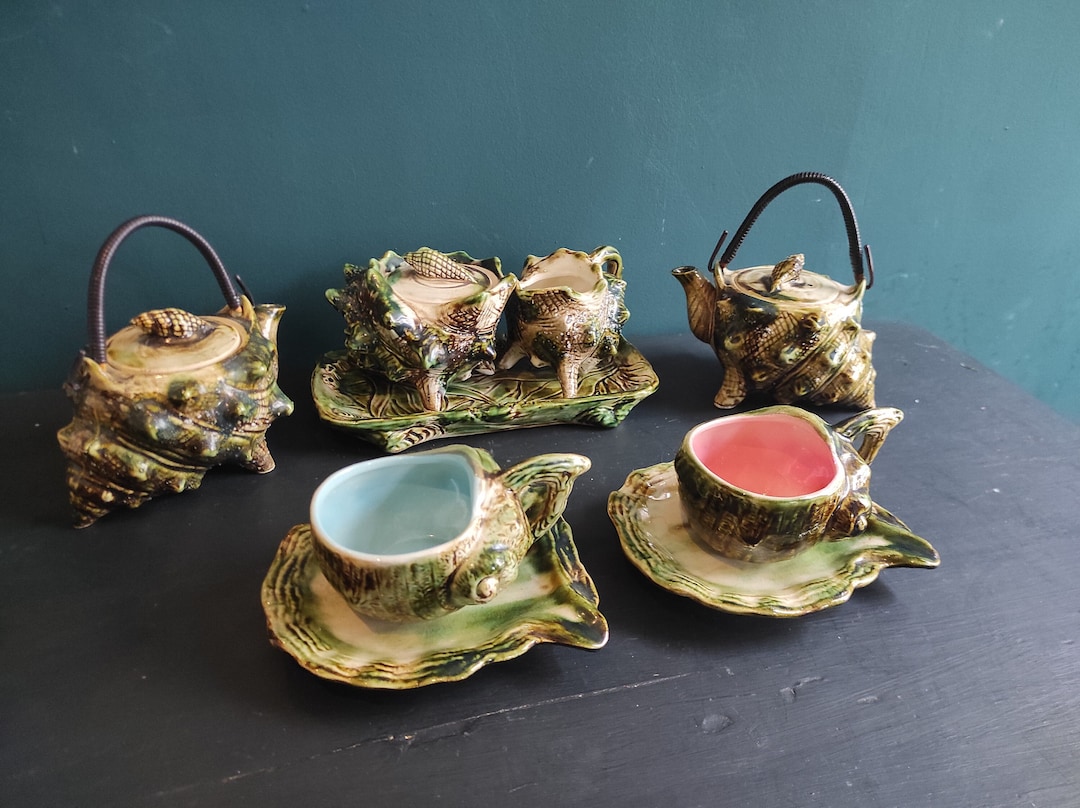 French Vintage Tea Set for Two in Majolica, With Maritime Inspiration ...