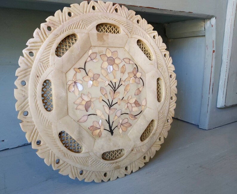 Amazing vintage Indian plate in carved marble with mother of | Etsy