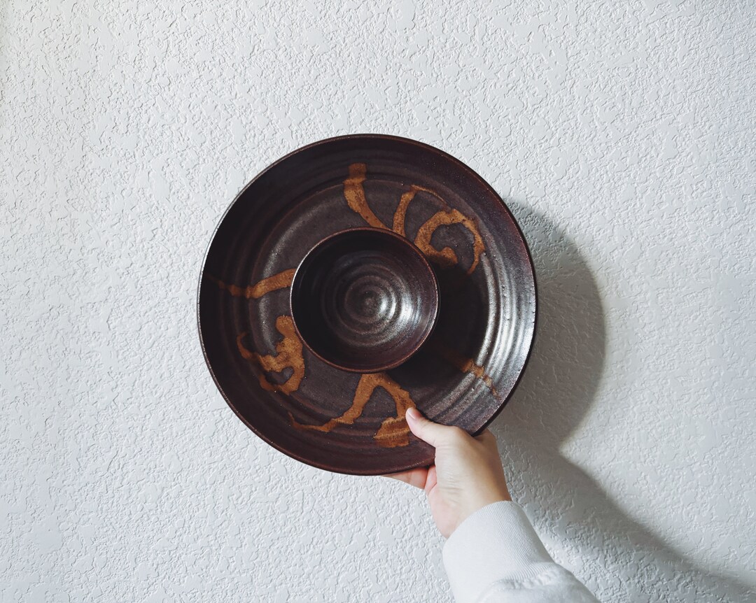 Vintage Large Round Handmade Ceramic Chips and Dip or Salsa Serving ...