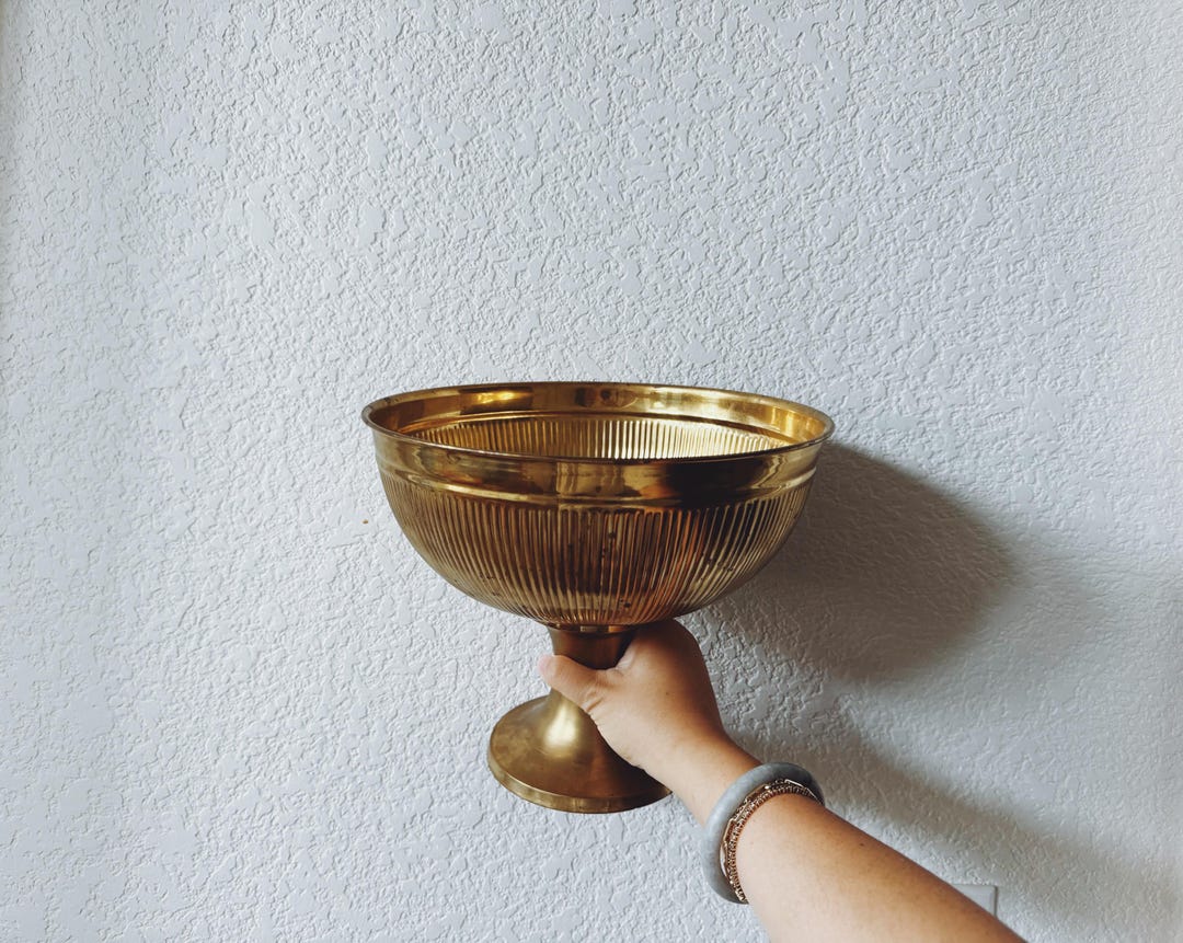 Vintage Large Round Brass Compote Pedestal Vase With Fluted Lines ...