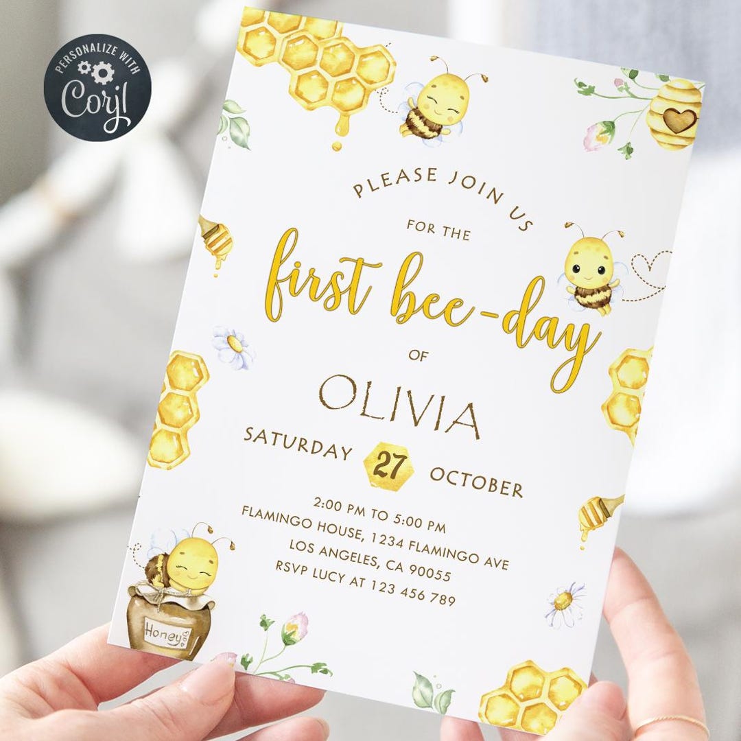 Editable Honey Bee 1st Birthday Invitation, First Bee-day Invite ...