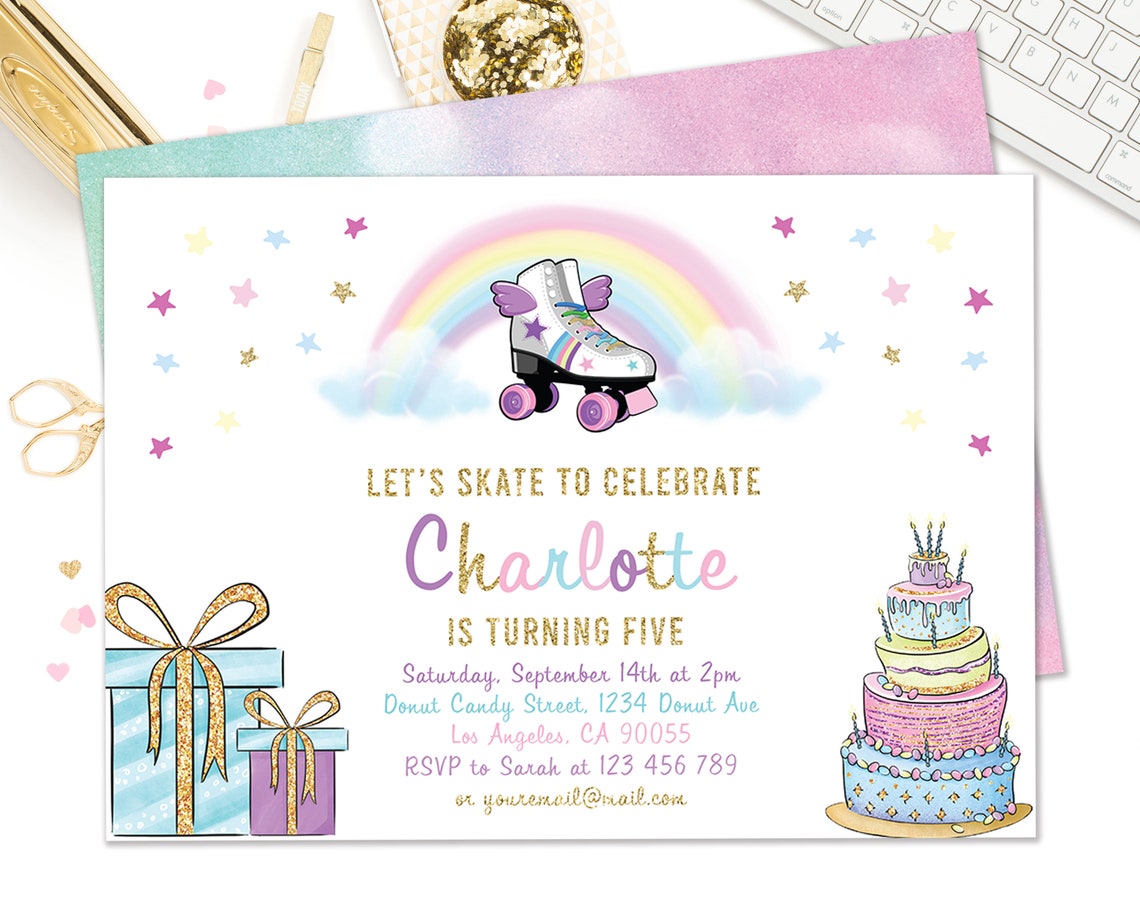 Editable Roller Skating Invitation Rainbow Roller Skate - Etsy