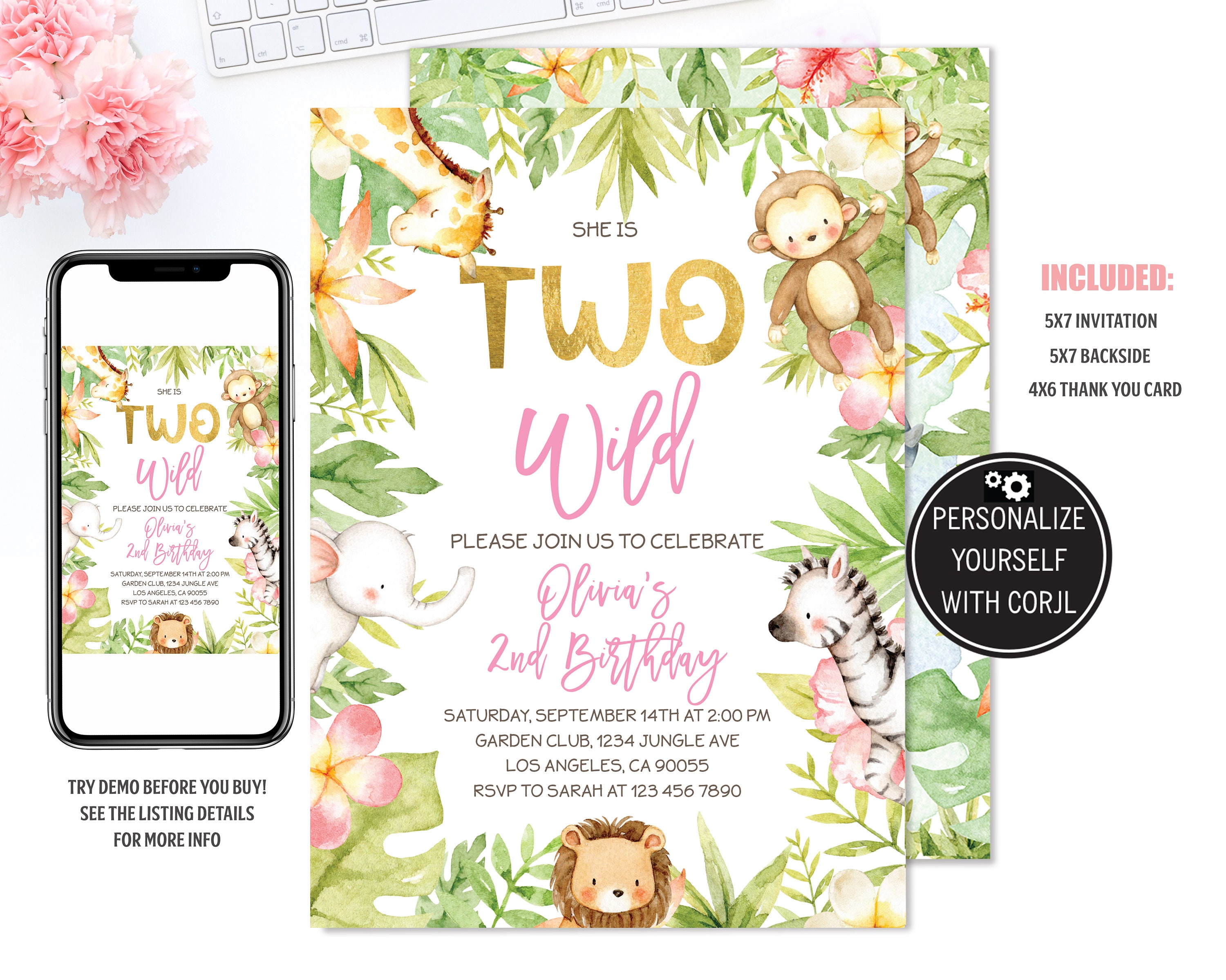 Two Wild Birthday Invitation Girl 2nd Birthday Pink and Gold - Etsy