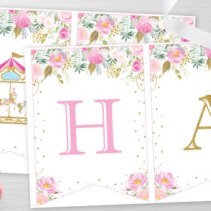 Editable Carousel Happy Birthday Banner, Pink & Gold Carousel Bunting ...
