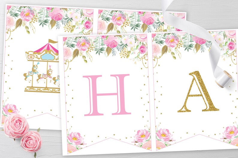 Editable Carousel Happy Birthday Banner Pink & Gold Carousel - Etsy