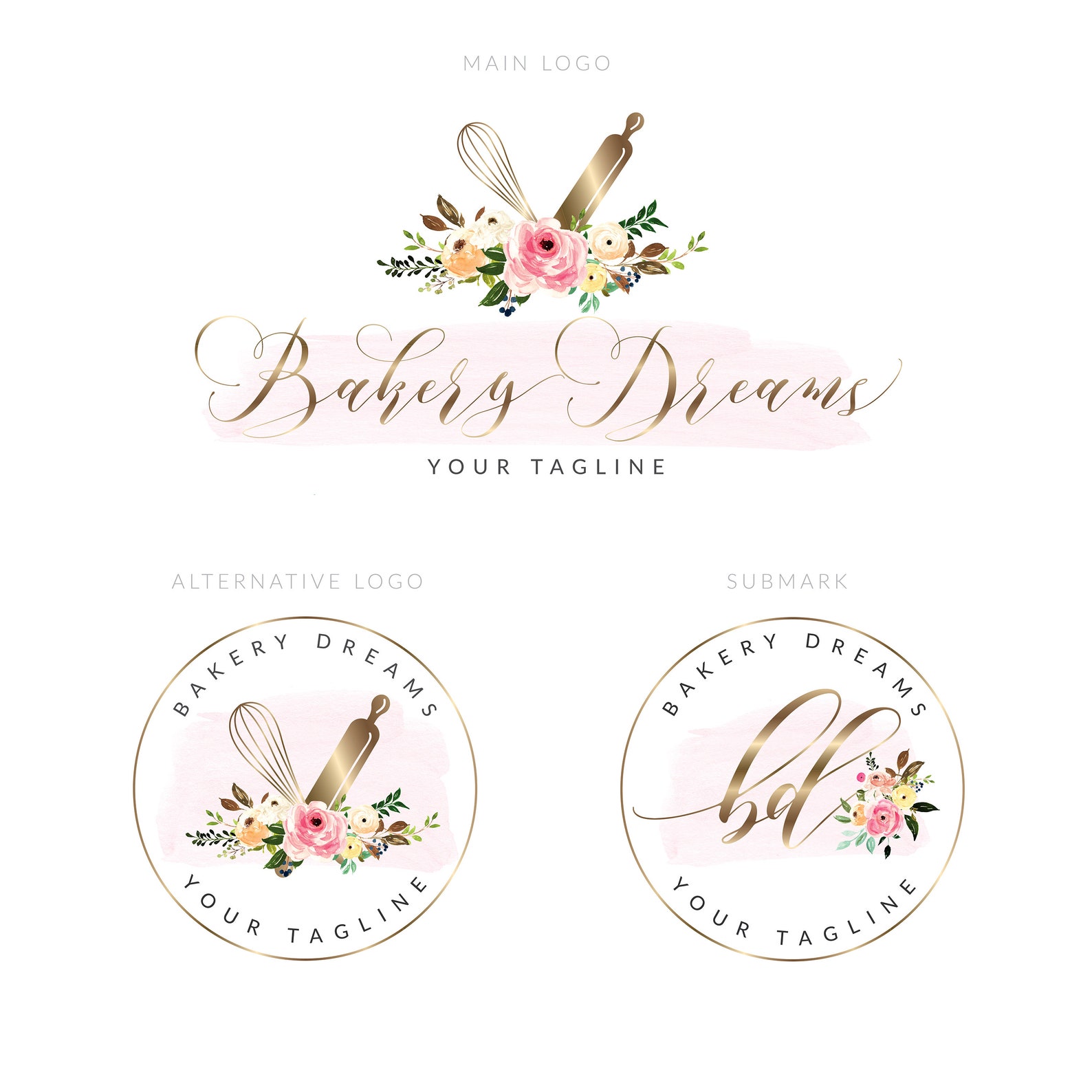 Bakery Logo Design, Baking Logo, Rolling Pin Logo, Premade Watercolor ...