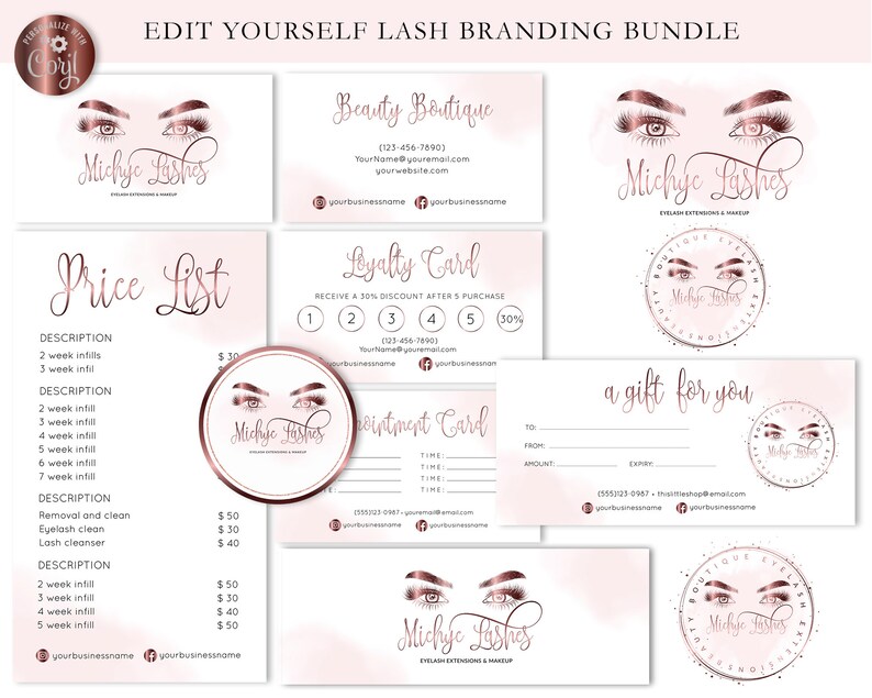 Editable Lash Logo Bundle, Lash Logo Design, Rose Gold Logo Set ...