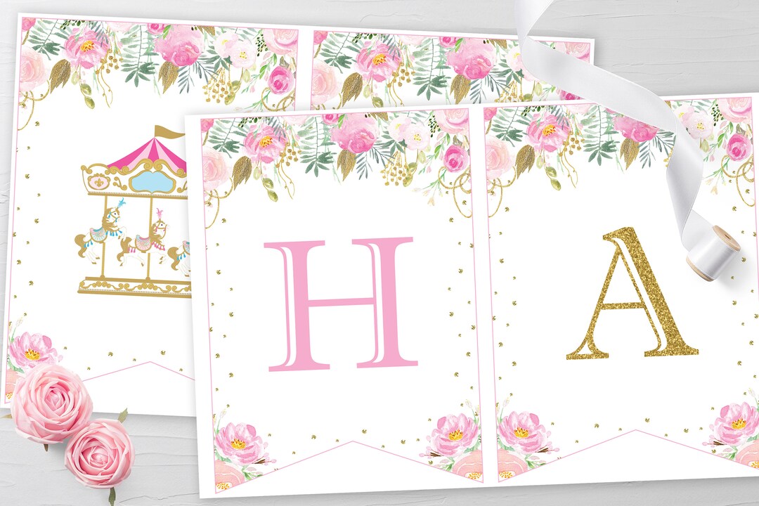 Editable Carousel Happy Birthday Banner, Pink & Gold Carousel Bunting ...