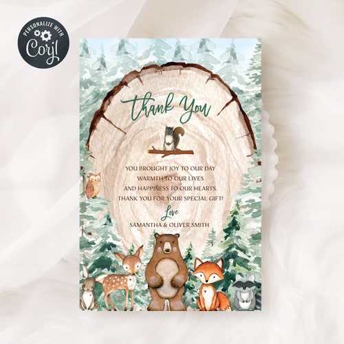 Woodland Thank You Card. Greenery Forest Animals EDITABLE - Etsy